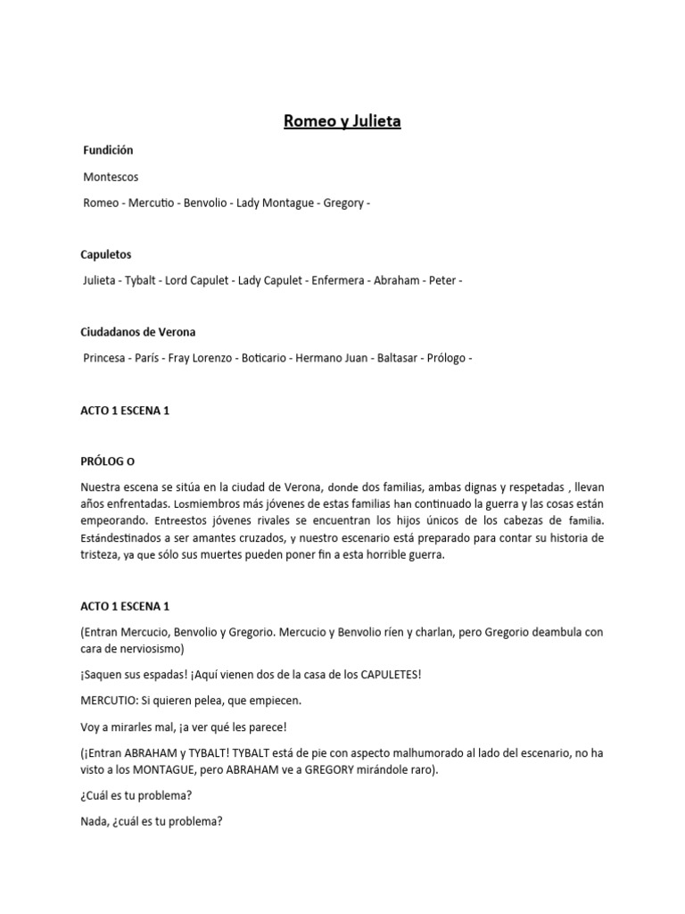 Guión Corto de Romeo y Julieta | PDF | Romeo y Julieta | Tragedias de Shakespeare