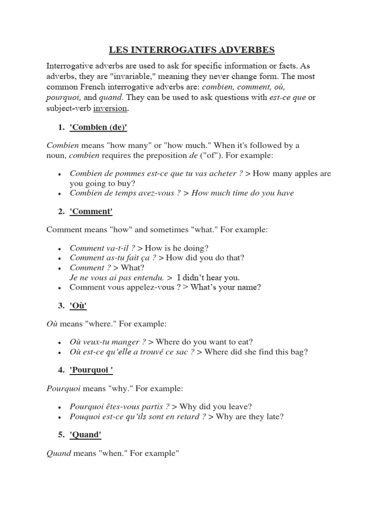 Les Interrogatifs Adverbes Notes | PDF
