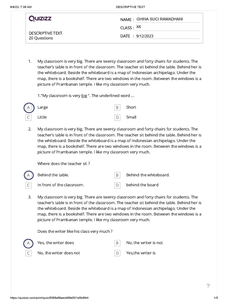 DESCRIPTIVE TEXT 1-With Answer | PDF | Classroom