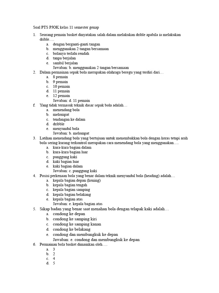 Soal PTS PJOK Kelas 11 Semester Genap 2021 | PDF