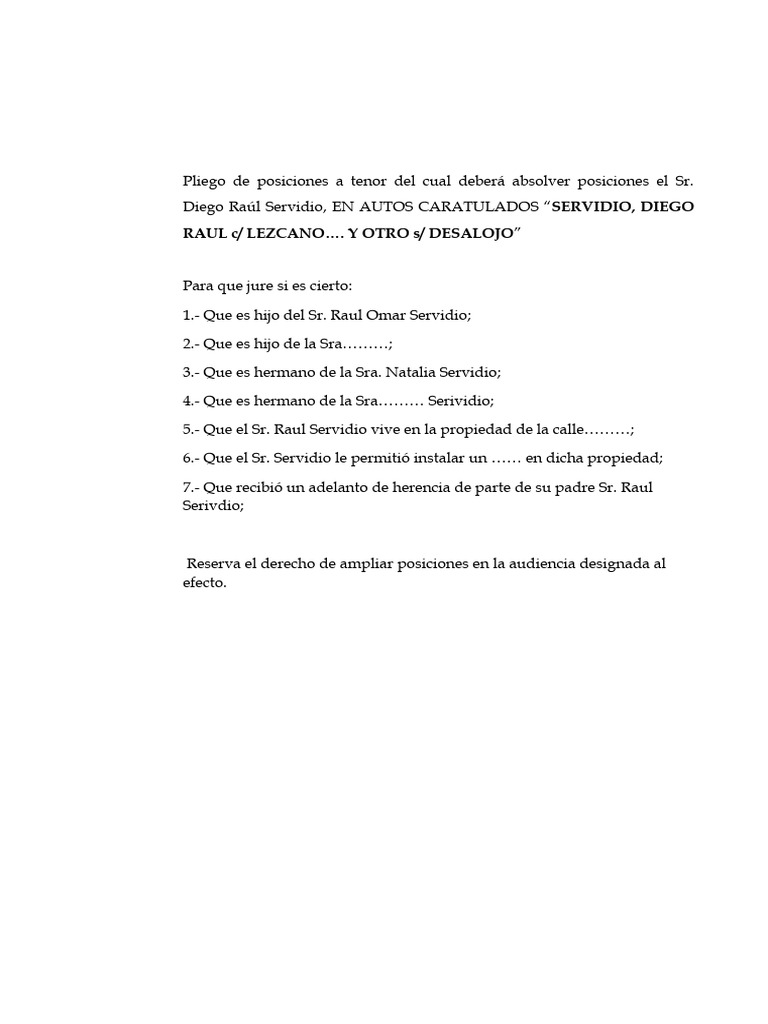 Pliego de Posiciones a Tenor Del Cual Deberá Absolver Posiciones El Sr. XXXXXX | PDF