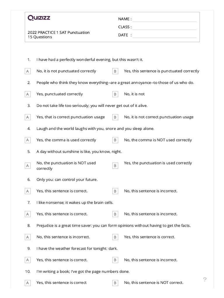 SAT Punctuation Practice Quiz | PDF