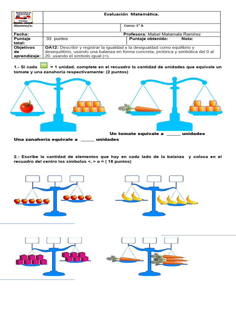 prueba equivalencias primero basico | PDF