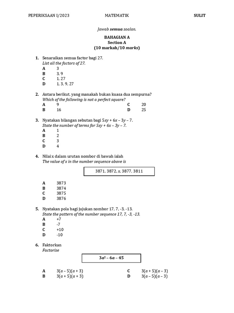 Peperiksaan 1 Matematik T2 2023 | PDF