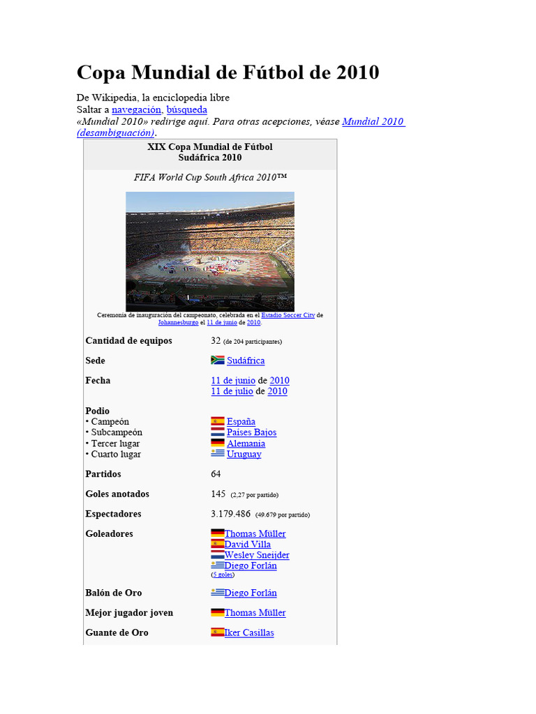 Copa Mundial de Fútbol de 2010 | PDF | FIFA Copa del Mundo | Deportes