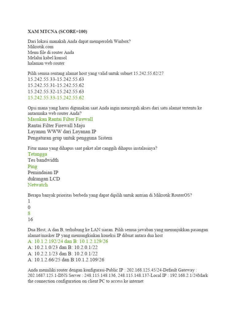 Contoh Kunci Jawaban Tes MTCNA | PDF | Komputer