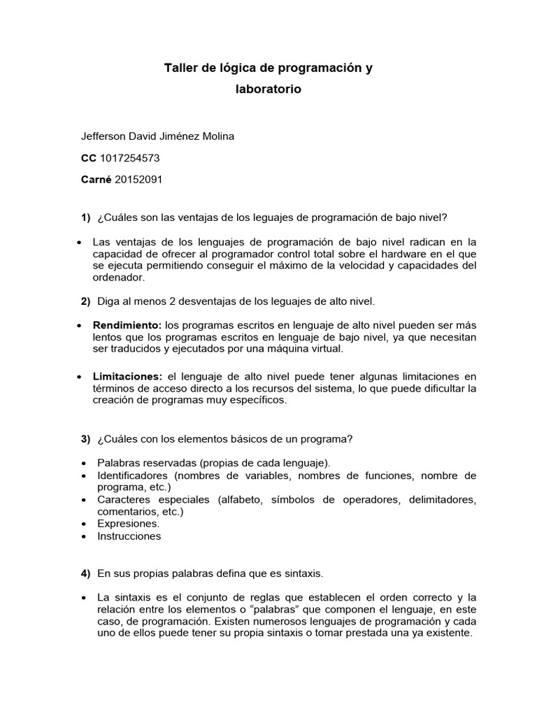 Taller Logica de Programacion y Laboratorio - 230821 - 142938 | PDF | Lenguaje de programación ...