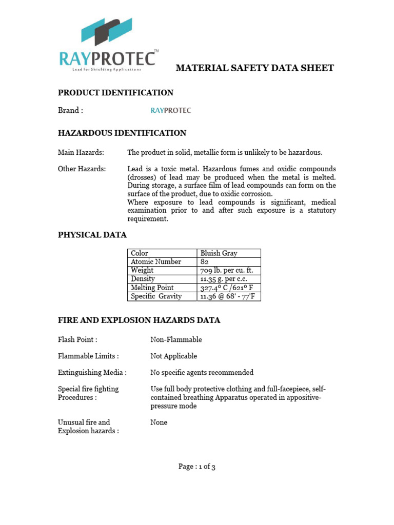 MSDS Rayprotec | PDF | Personal Protective Equipment | Lead