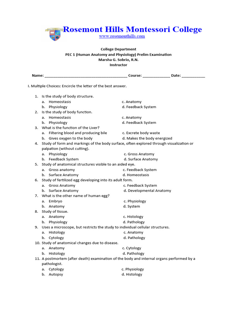 Prelim Exam - PEC 1 Human Anatomy and Physiology | PDF | Anatomy ...