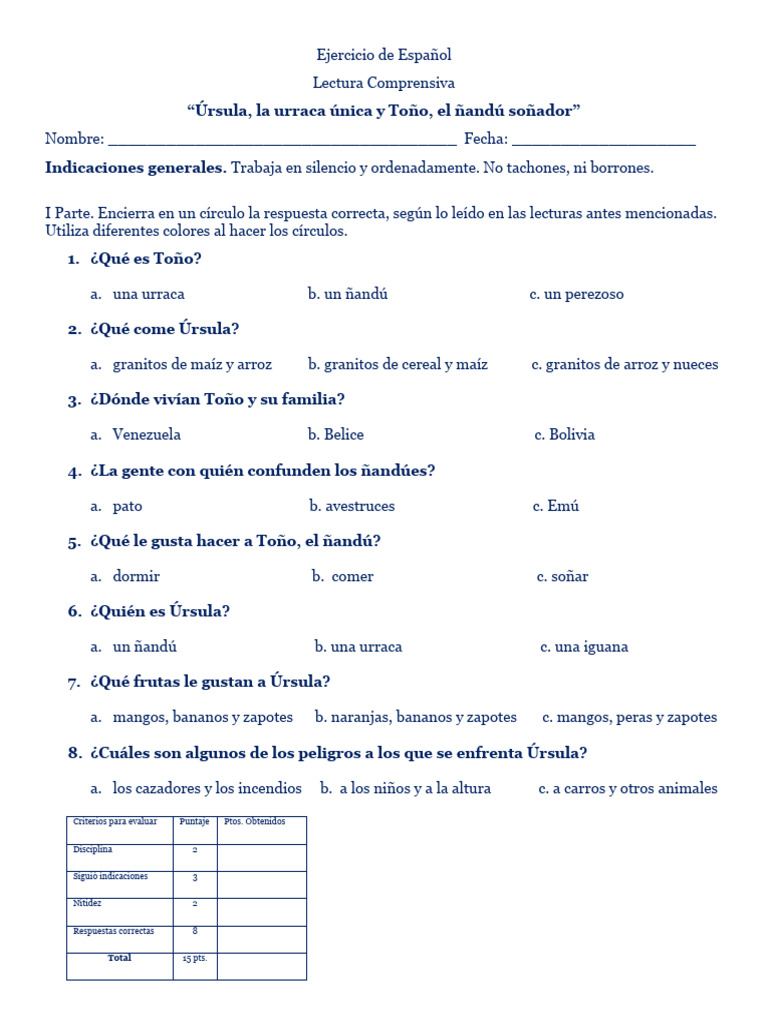 Ejercicio de Español Lectura Comprensiva | PDF