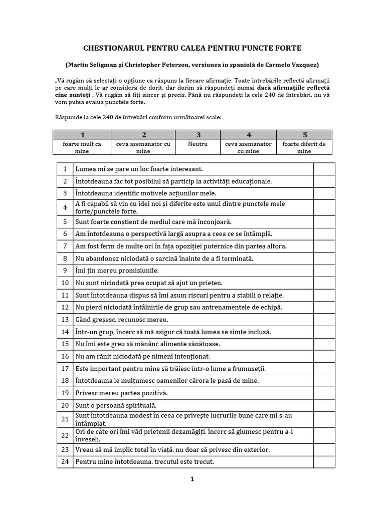 Chestionarul Punctelor Forte Personale | PDF