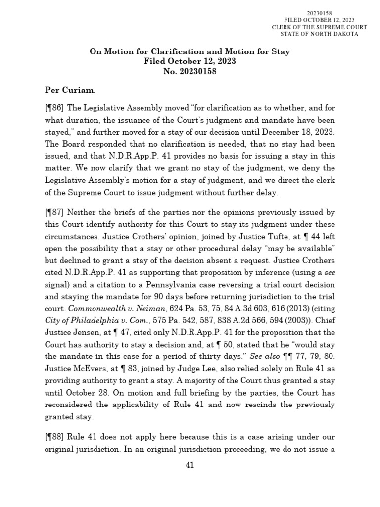 On Motion For Clarification and Motion For Stay Filed October 12, 2023 No. 20230158 Per Curiam | PDF