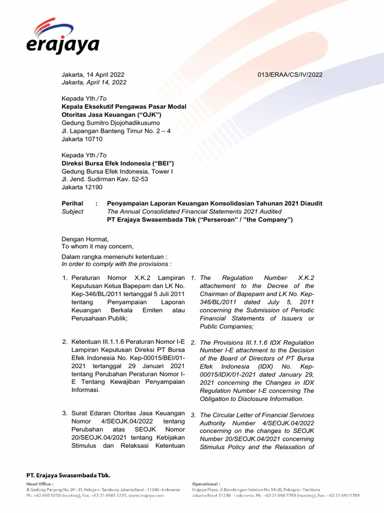 ERAA - Surat Penyampaian LKT 2021 | PDF