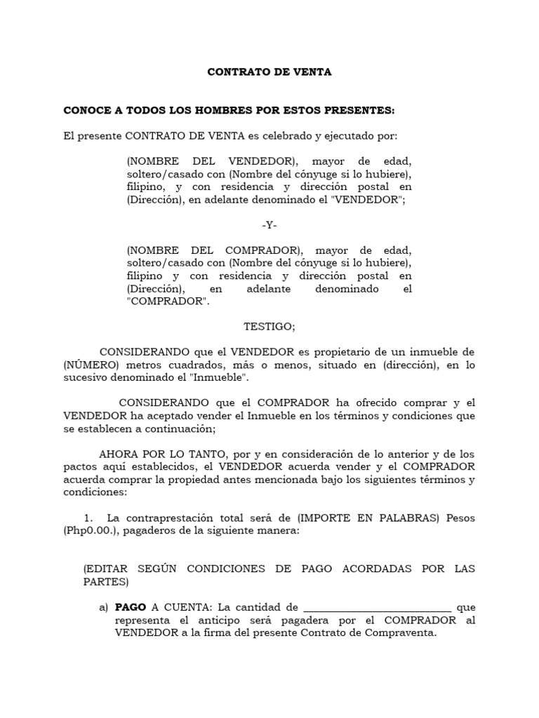 Plantilla de Contrato de Venta | PDF | Derecho civil (sistema legal) | Justicia