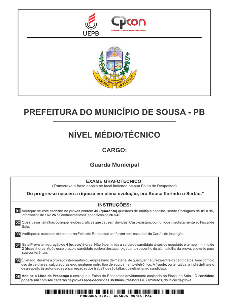 Cpcon 2022 Prefeitura de Sousa PB Guarda Municipal Prova | PDF ...