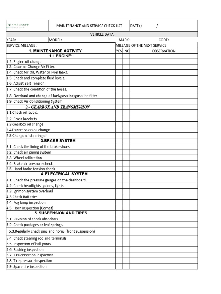 Maintenance and Services Check List | PDF | Brake | Air Conditioning