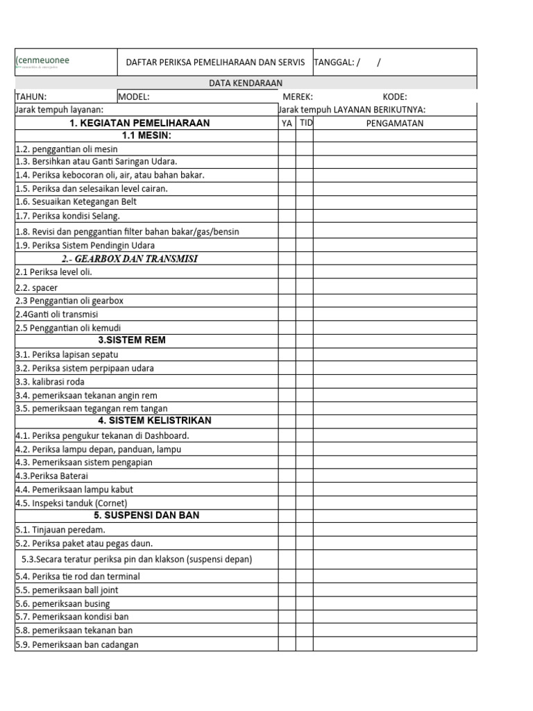 Daftar Periksa Pemeliharaan Dan Layanan | PDF | Sains & Matematika ...