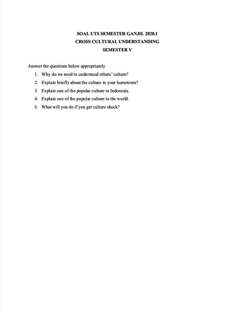 PDF Soal Uts Semester Ganjil 20201 Cross Cultural Understanding ... PDF Soal Uts Semester Ganjil 20201 Cross Cultural Understanding ...