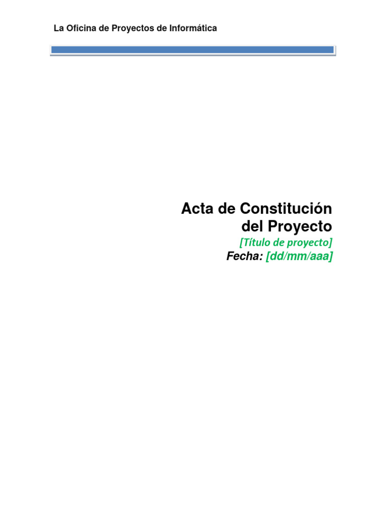 Plantilla Acta de Constitución del Proyecto de software | PDF | Presupuesto | Tecnologías de la ...