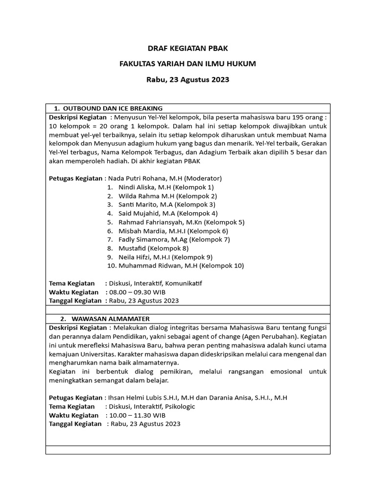 Draf Kegiatan Pbak | PDF