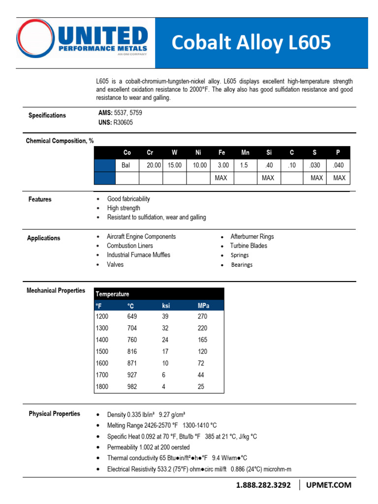Cobalt Alloy L605: Specifications AMS: 5537, 5759 UNS: R30605 Chemical ...