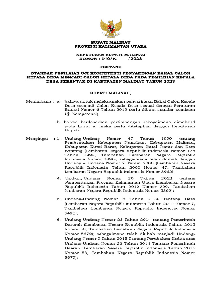 SK Standar Nilai Uji Kompetensi Pilkades 2023 | PDF