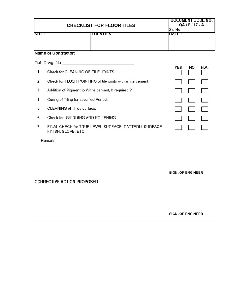 Doc23 - Checklist For Fixing Tililng (Dado) | PDF