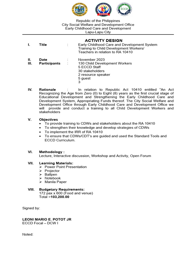 Activity Design For Ra 10410 of Cdws | PDF