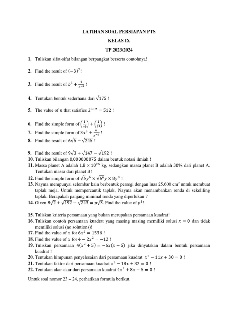 Kelas 9-Latihan Soal Persiapan PTS | PDF