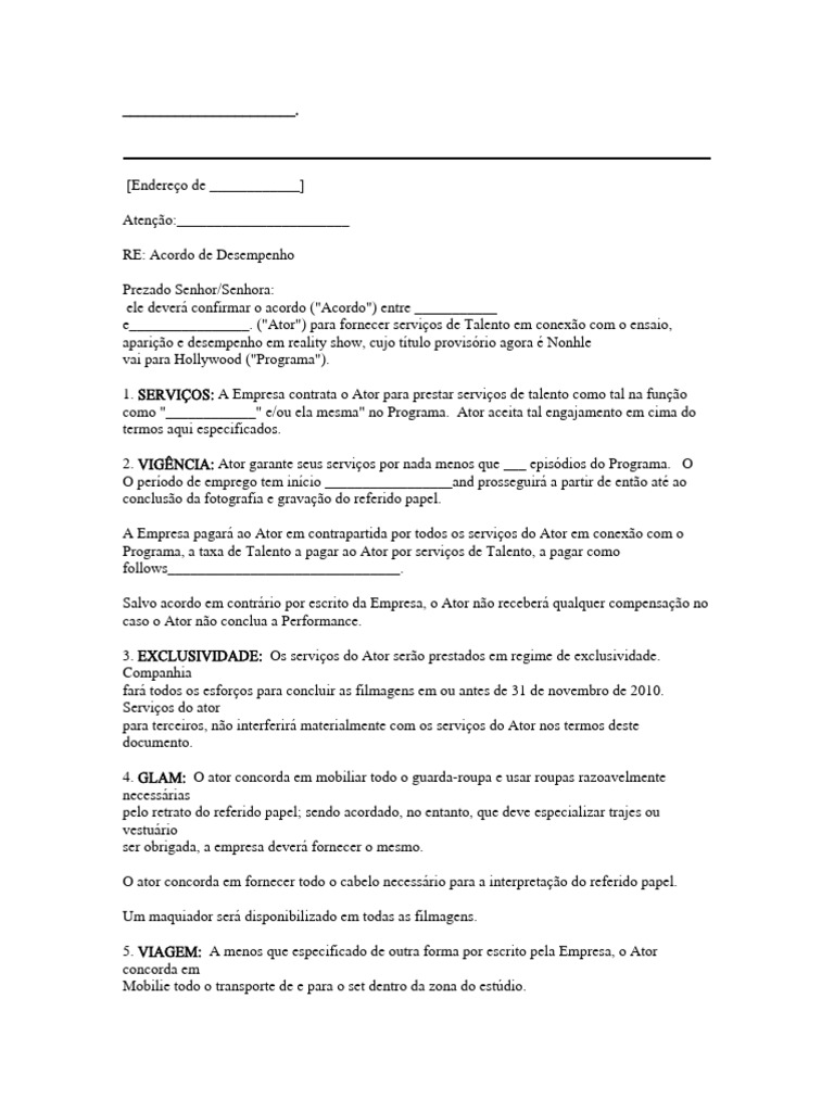 Formulário de contrato de talentos para reality shows | PDF ...