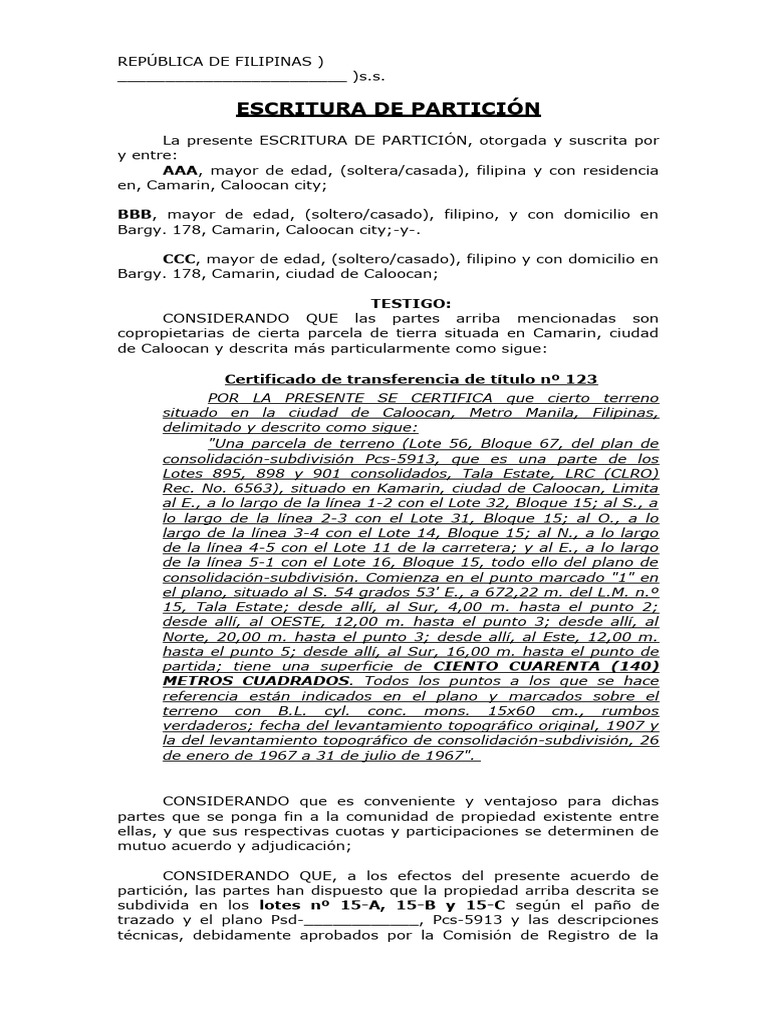 Modelo de Escritura de Partición | PDF | Derecho Civil (Common Law ...