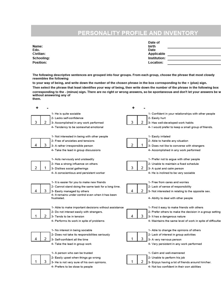 Gordon Test Booklet Profile and Personality Inventory | PDF