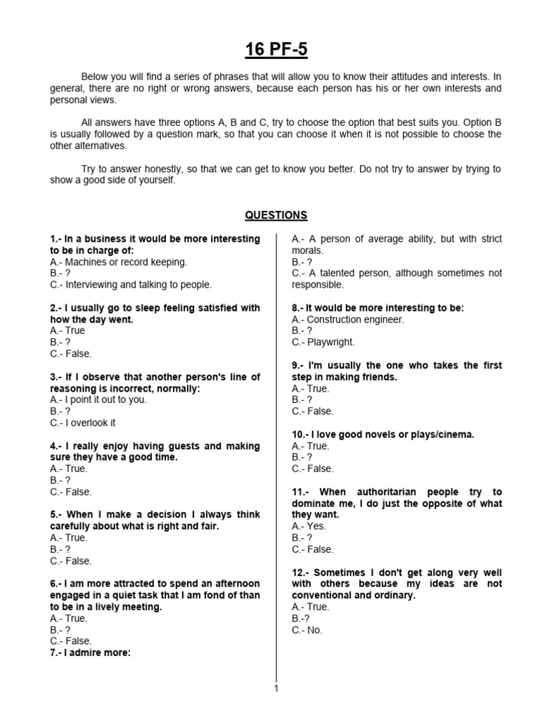 Test 16PF-5 Booklet | PDF | Thought | Reason
