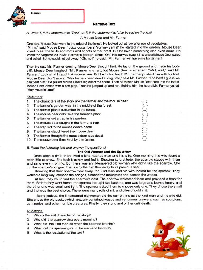 Worksheet Narrative Text Kelas 9 | PDF