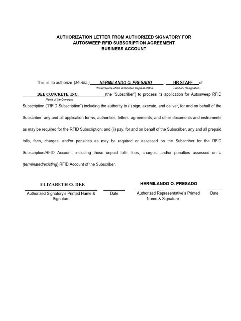 Deecon Authorization Letter From Authorized Signatory For Autosweep ...