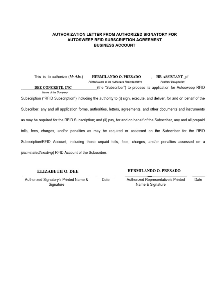 Authorization Letter RFID | PDF | Business | Law