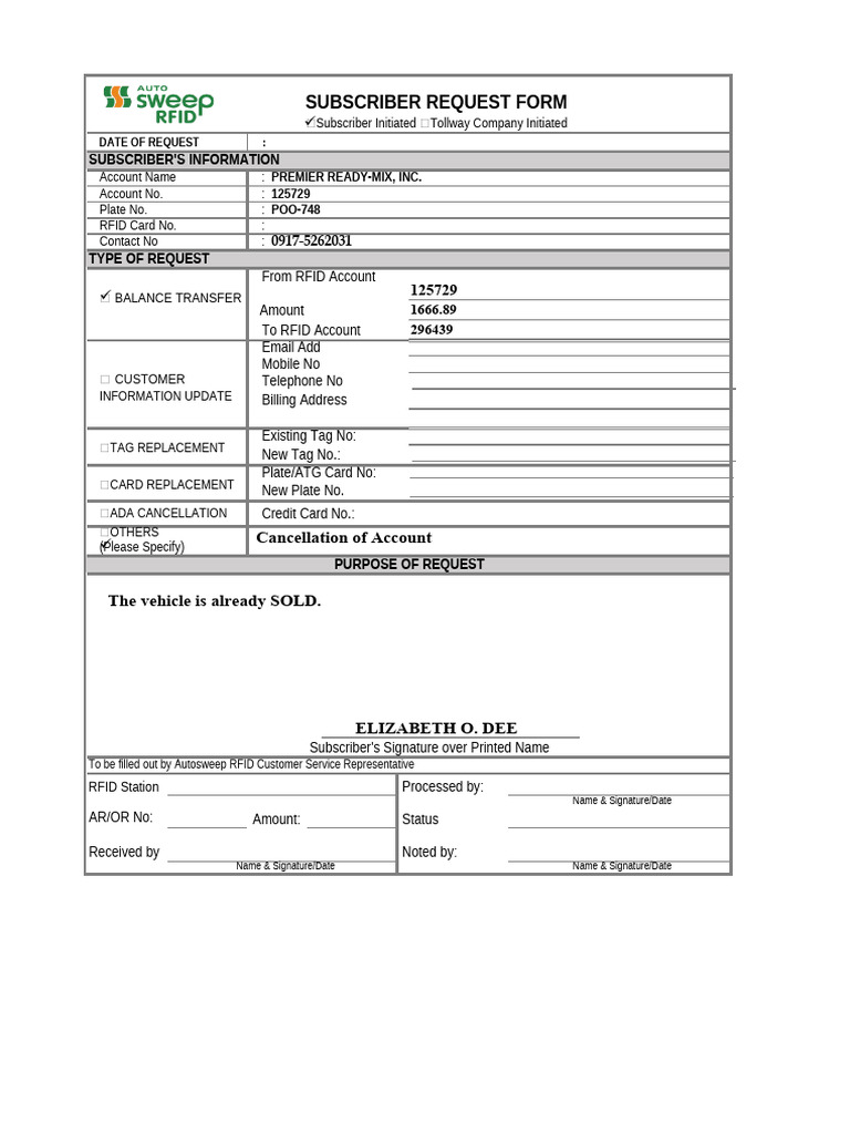 RFID Subscriber Request Form | PDF