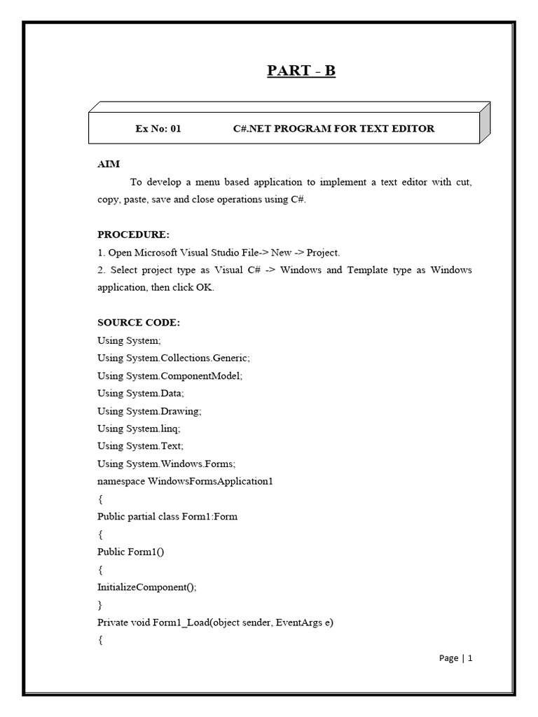 CBT N Scheme Lab Manual-Part - B | Download Free PDF | C Sharp (Programming Language) | Computer ...