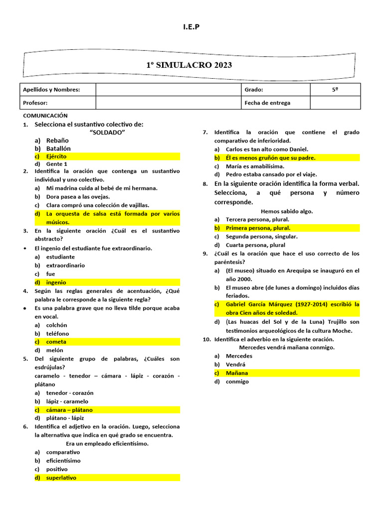 Simulacro 5to Grado 2023 - Desarrollado | PDF | Ecuador | Chile