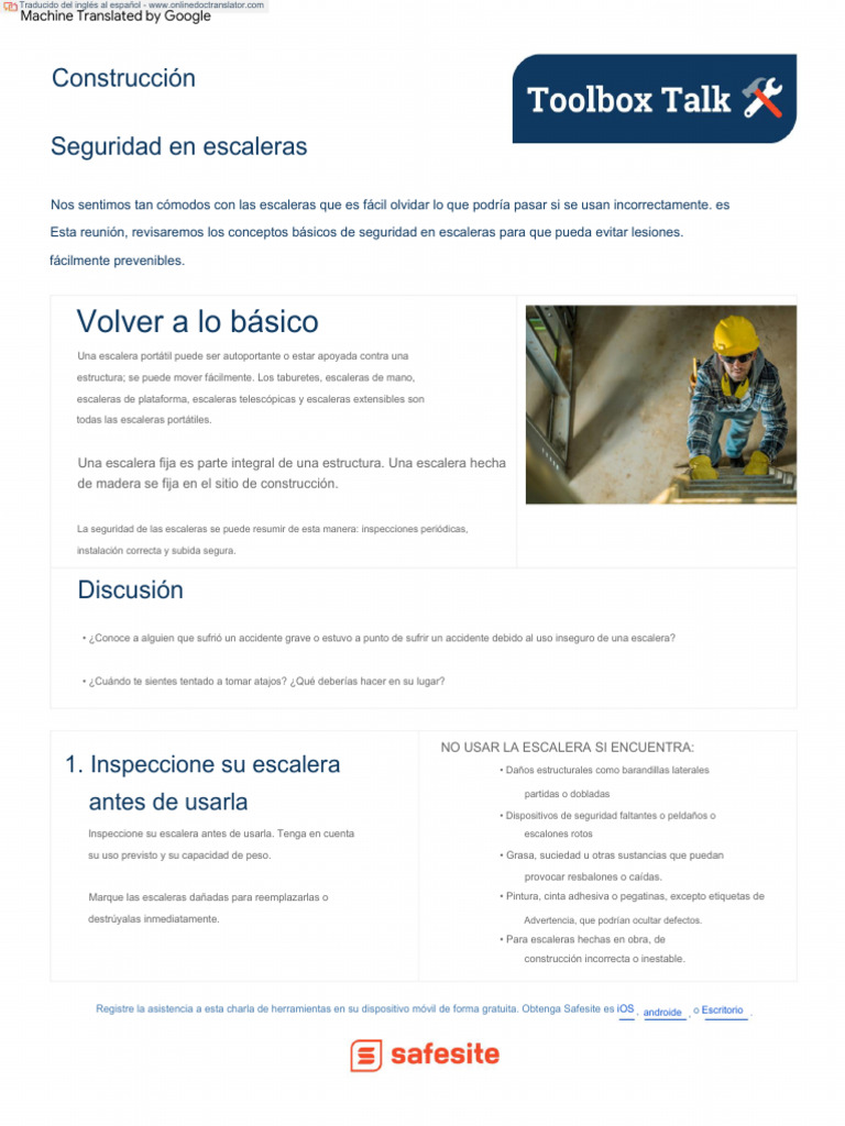 Construction Ladder Safety Toolbox Talk - En.es | PDF