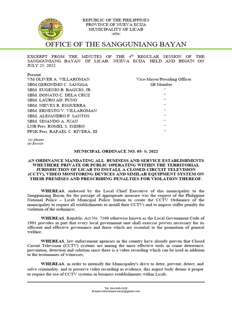 Municipal Ordinance No. - CCTV Unedited Pulis | PDF | Closed Circuit ...