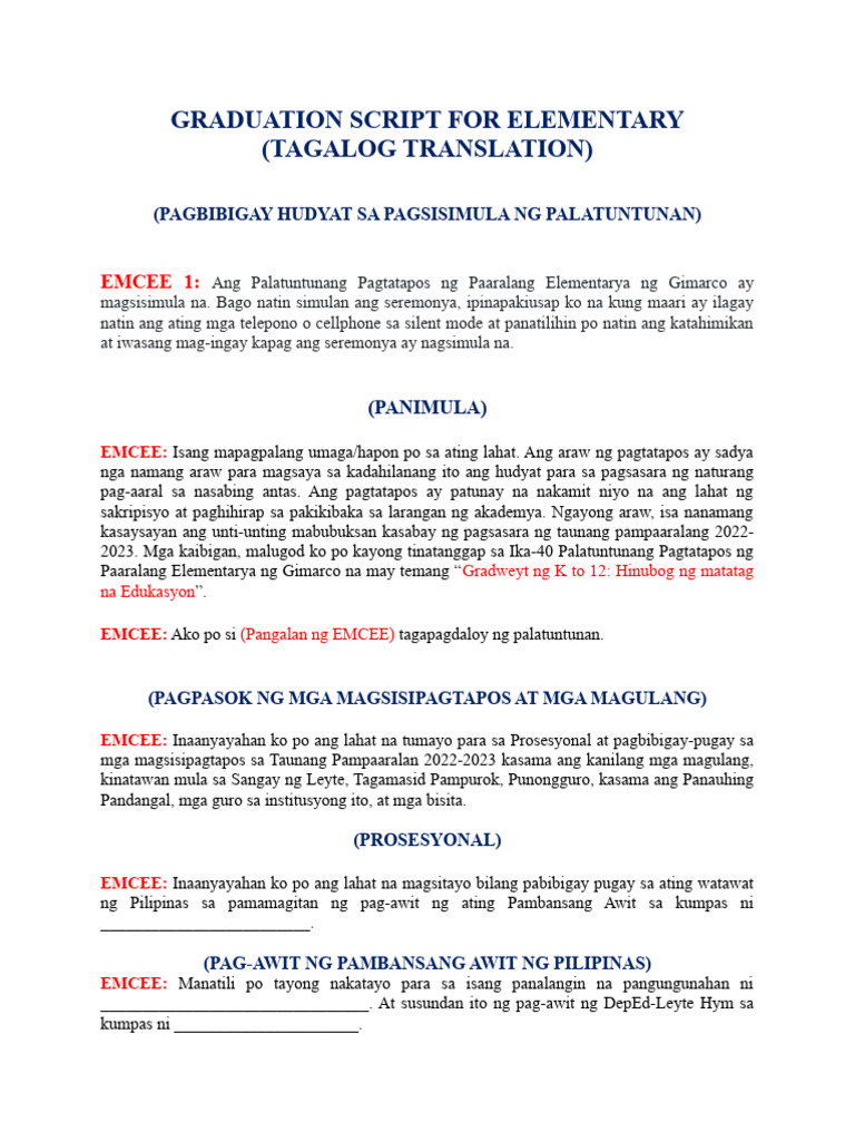 Graduation Script For Elementary Tagalog | PDF