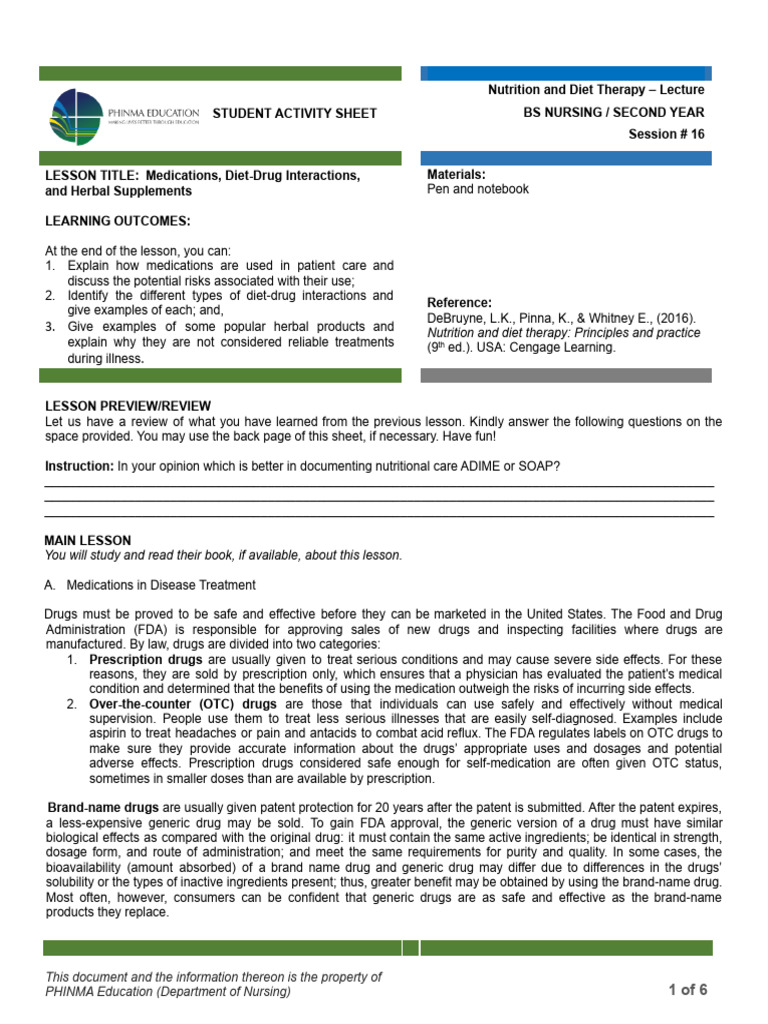Copy of Session #16 SAS - Nutrition (Lecture).docx | PDF | Adverse ...
