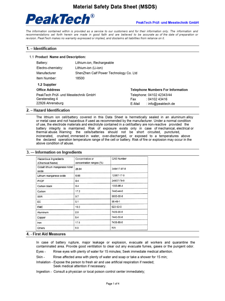 MSDS - PeakTech 3440 - Li-Ion | PDF | Lithium Ion Battery | Firefighting