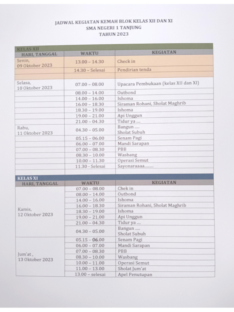Jadwal Kegiatan Kemah Blok | PDF