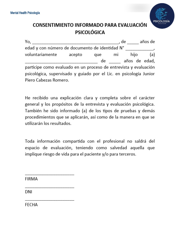 Consentimiento Evaluación Psicológica Infantil | PDF