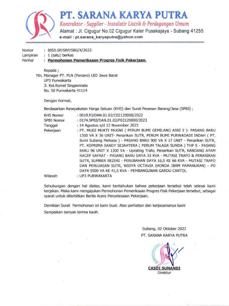 Surat Permohonan Pemeriksaan Pekerjaan PT. SARANA KARYA PUTRA | PDF