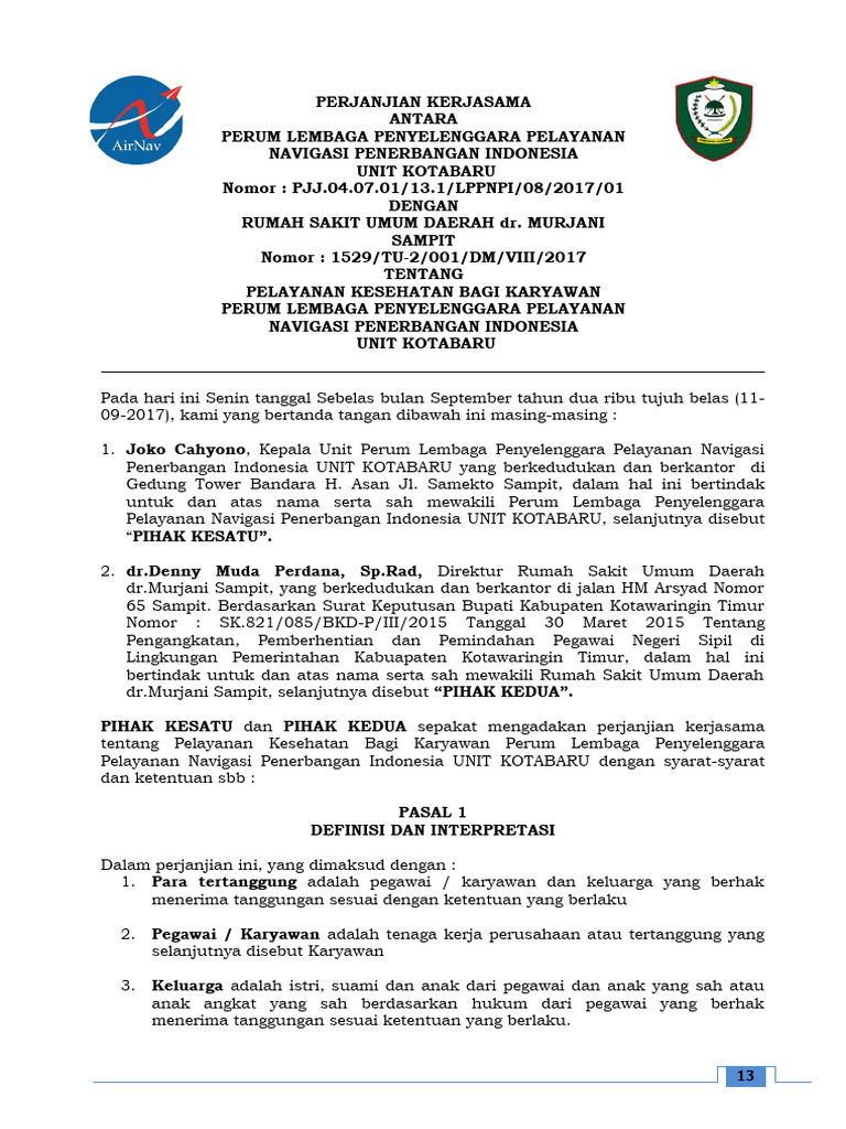 Contoh Perjanjian Airnav Sampit Dengan RS Sampit (Draft Final) | PDF