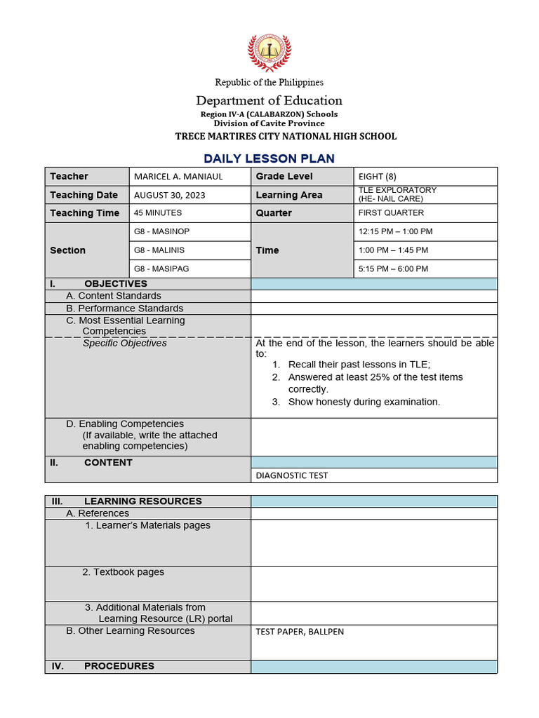DLP Diagnostic Test | PDF | Lesson Plan | Teachers