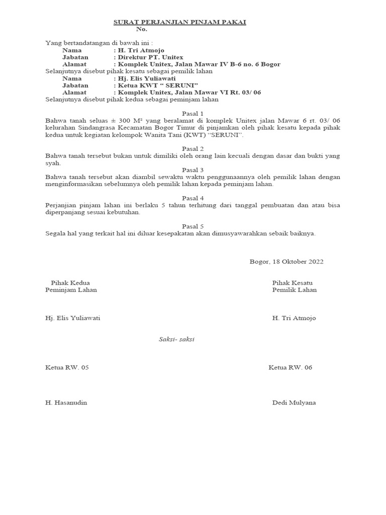 Contoh Surat Perjanjian Pinjam Tanah | PDF
